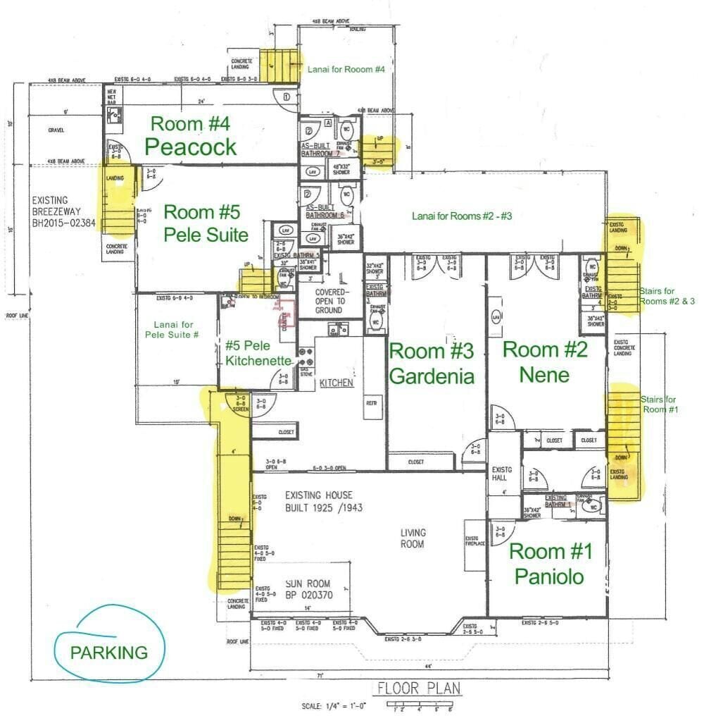 Planta baixa com quartos identificados como Peacock, Peli Suite, Gardenia, Nene e Paniolo.