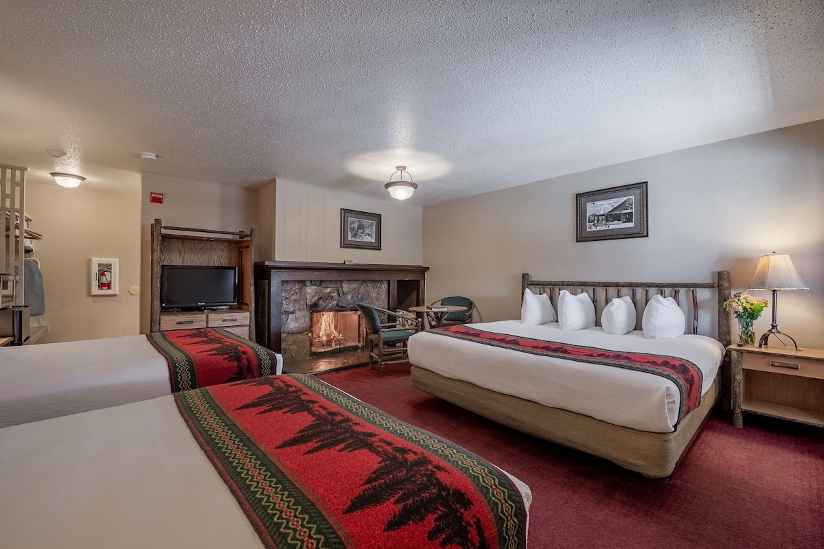 Quarto de hotel com duas camas, lareira, televisão e mesa de cabeceira com abajur.