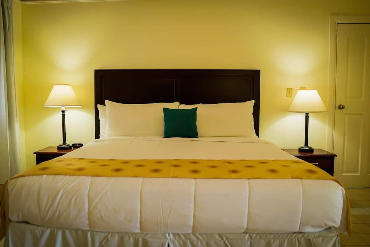 Quarto de hotel com uma cama grande, duas luminárias de cabeceira e uma porta.