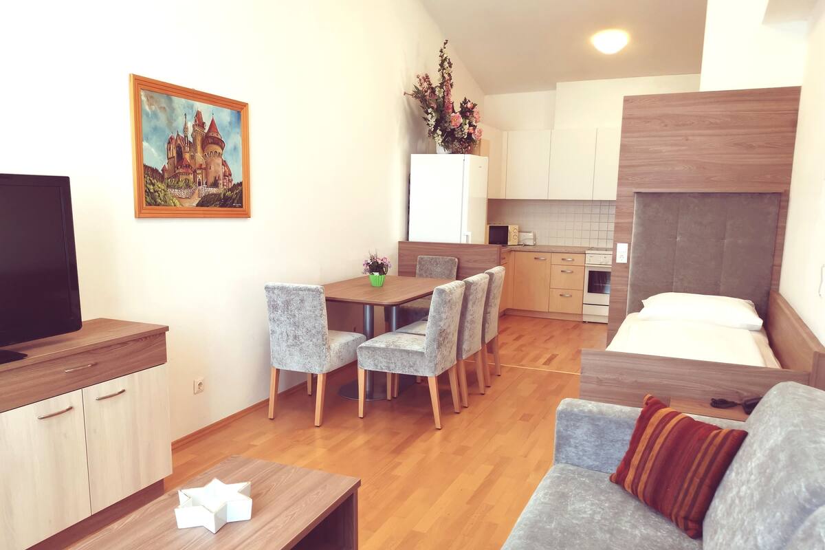Apartamento moderno com área de jantar, cozinha compacta e sala de estar com sofá e televisão.