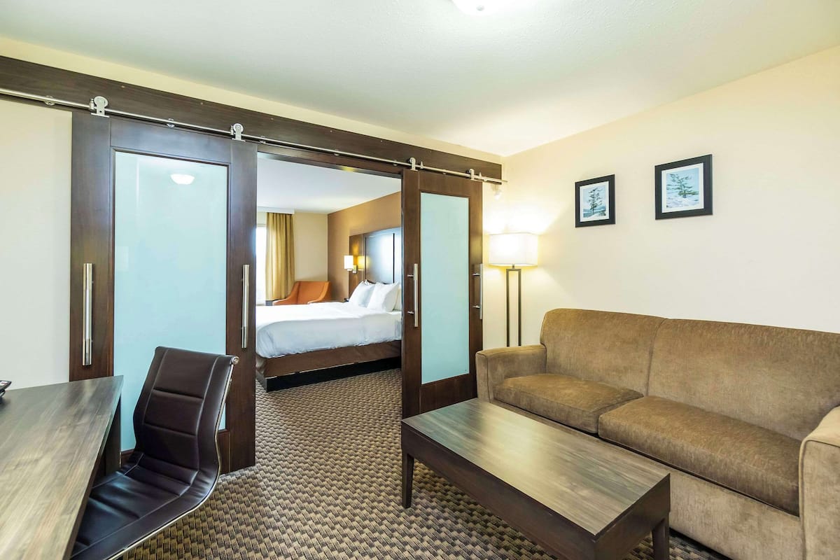 Quarto de hotel com cama, sofá, escrivaninha e uma cadeira.