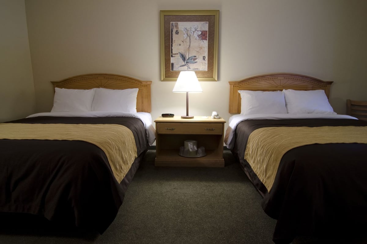 Quarto de hotel com duas camas, uma mesa de cabeceira com abajur e um quadro na parede.
