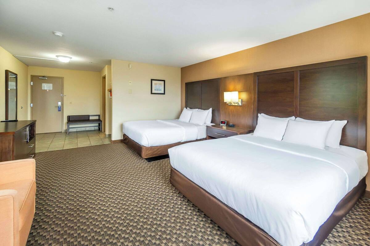 Quarto de hotel com duas camas, uma escrivaninha, uma cadeira e piso coberto por carpete.