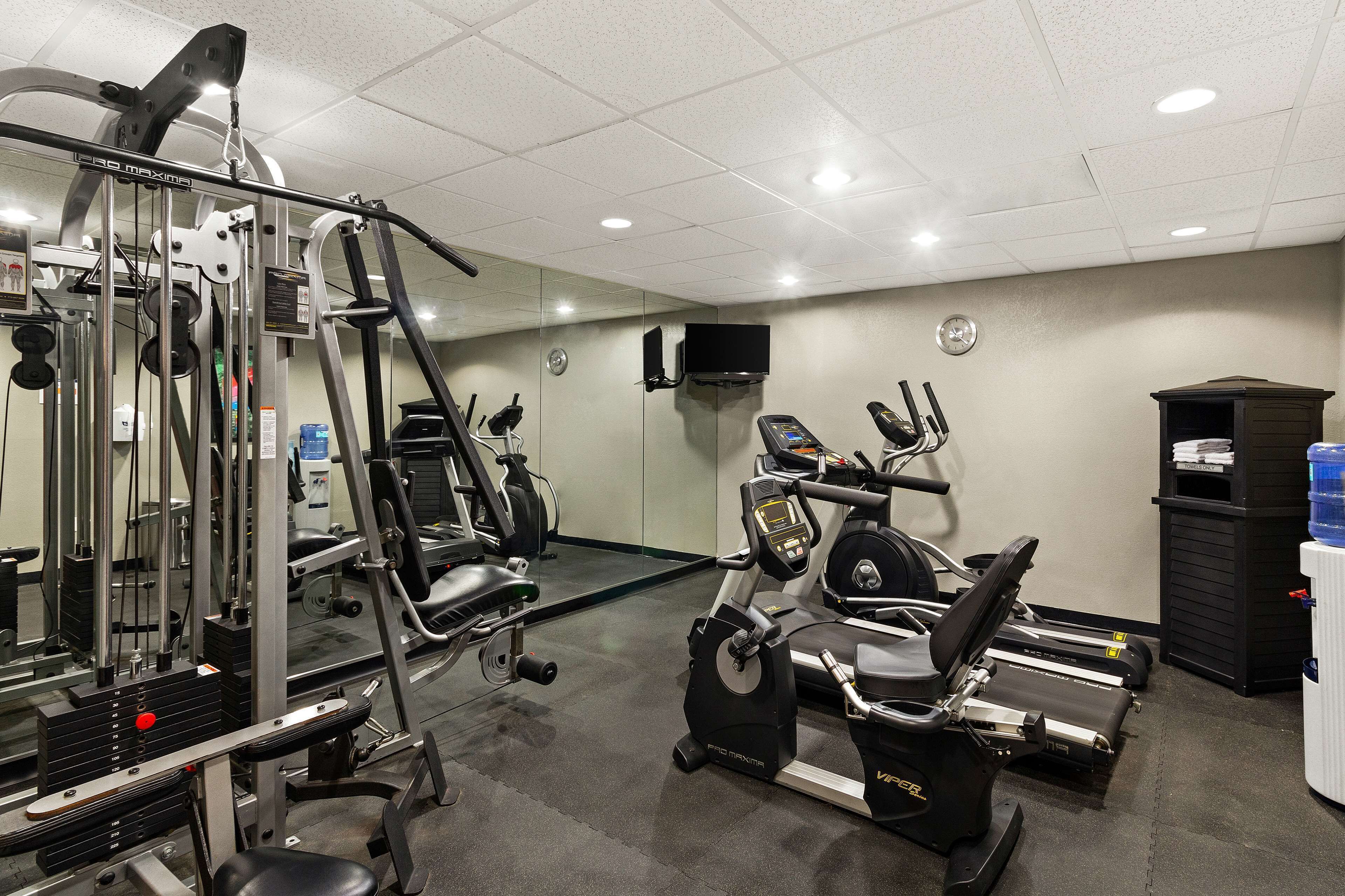 Uma academia com equipamentos de cardio, aparelhos de musculação e um espelho.