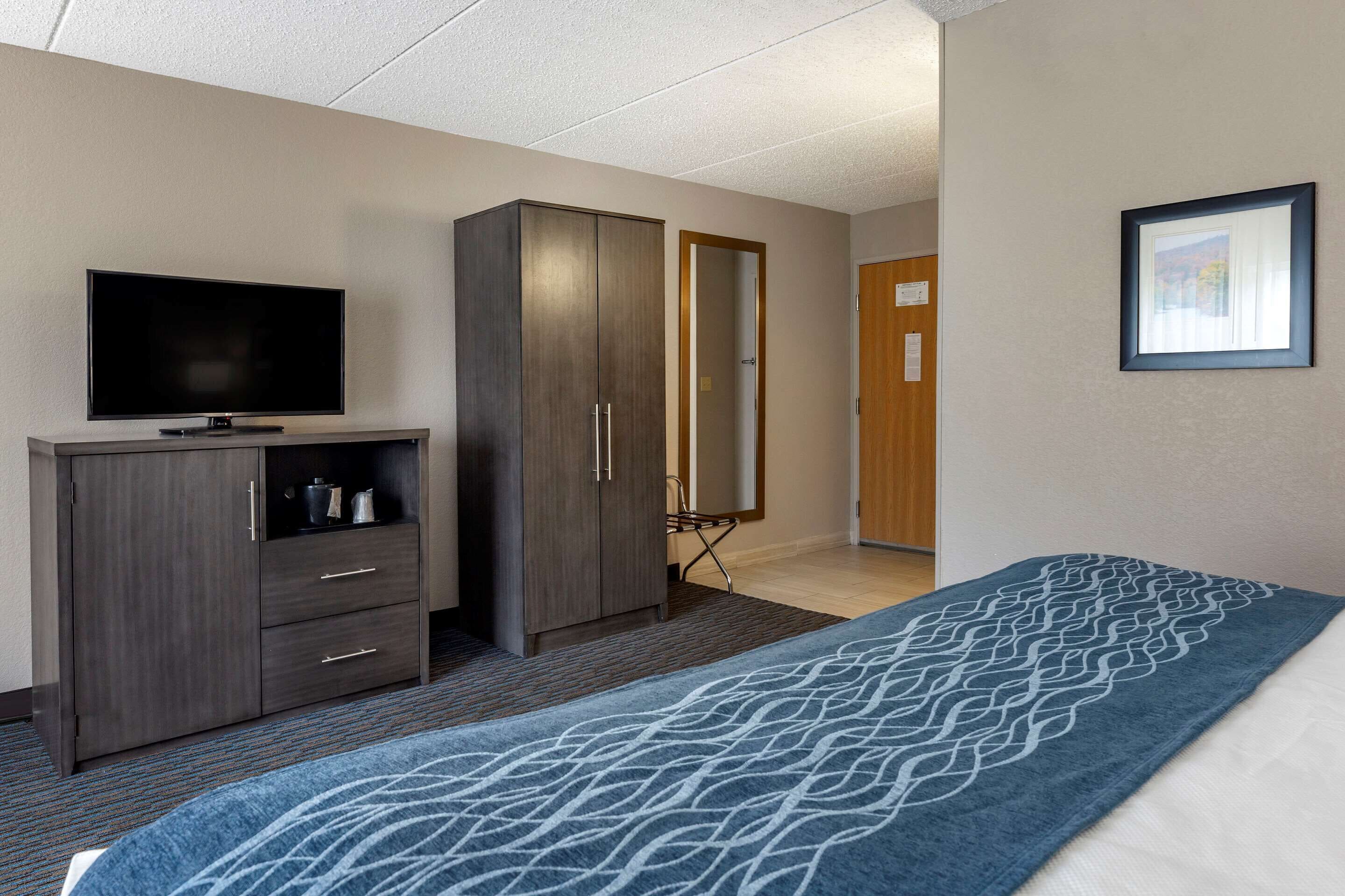 Quarto de hotel com cama, televisão, guarda-roupa e um quadro na parede.
