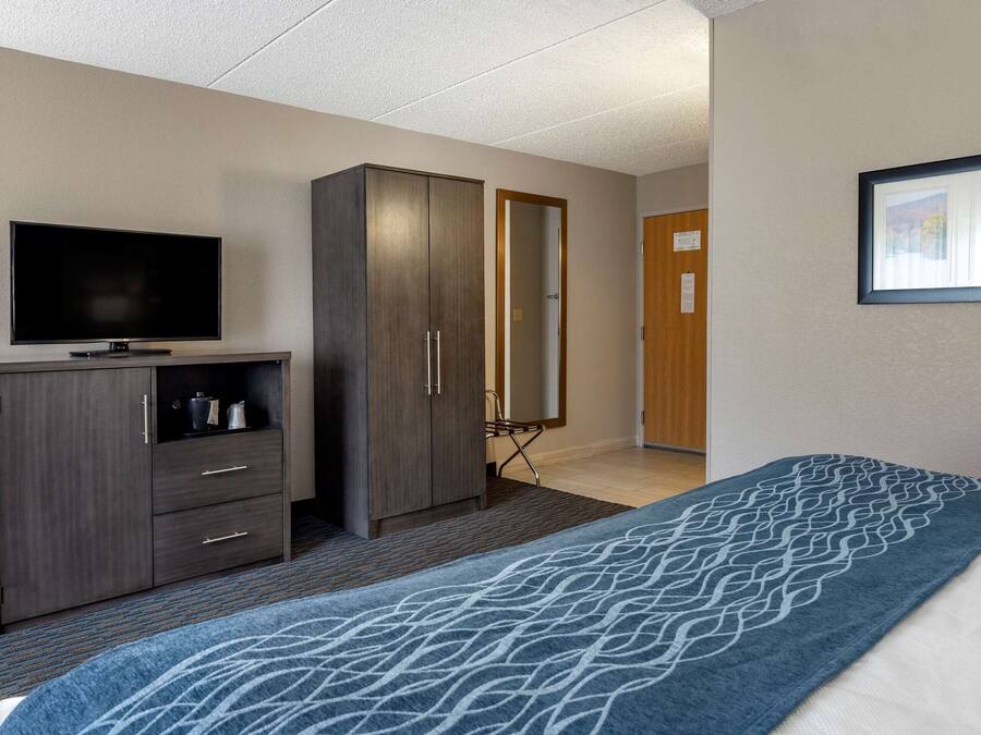 Quarto de hotel com cama, televisão, guarda-roupa e um quadro na parede.