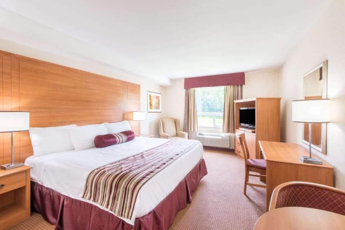 Quarto de hotel com uma cama grande, uma escrivaninha, uma cadeira, uma televisão e uma janela com cortinas.