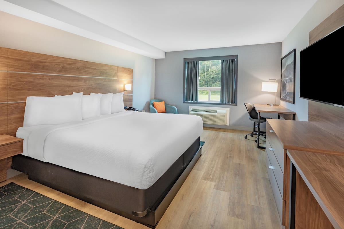 Quarto de hotel moderno com uma cama grande, uma escrivaninha, uma cadeira, uma televisão e uma janela com cortinas.