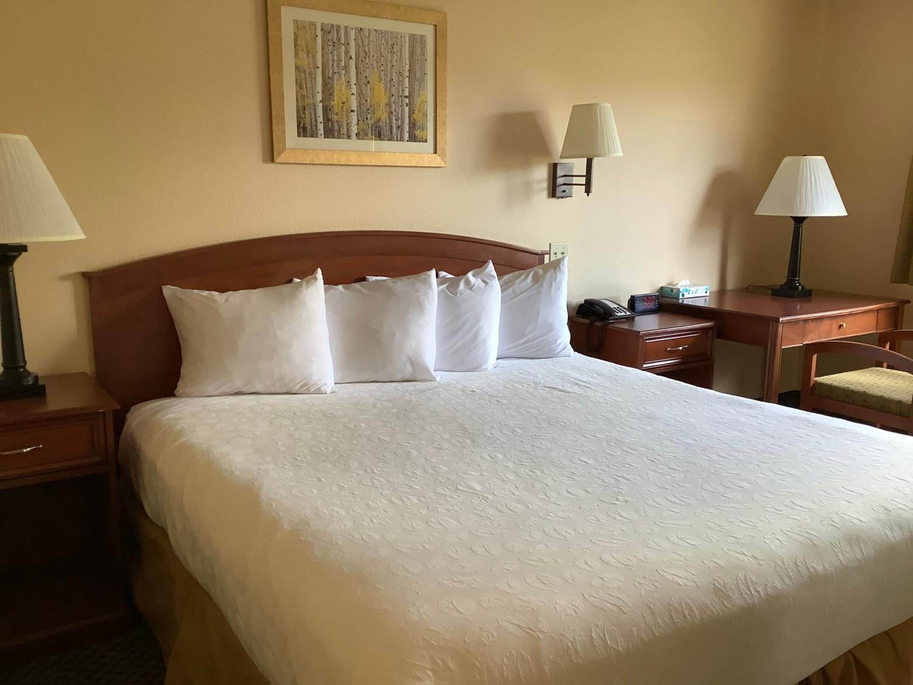 Quarto de hotel com uma cama grande, duas mesas de cabeceira, uma escrivaninha com cadeira e duas luminárias fixadas na parede.