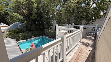 A pool surrounded by lush greenery and a wooden deck.