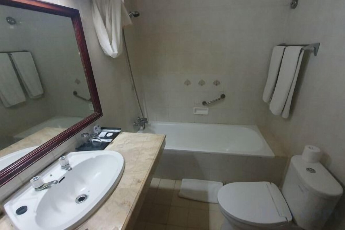 Um banheiro com pia, espelho, banheira, vaso sanitário e porta-toalhas.
