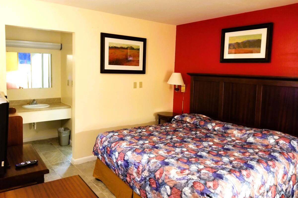 Quarto de hotel com cama, mesa de cabeceira, luminária, espelho e janela.