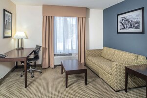 Quarto de hotel com escrivaninha, cadeira, sofá e um quadro na parede.