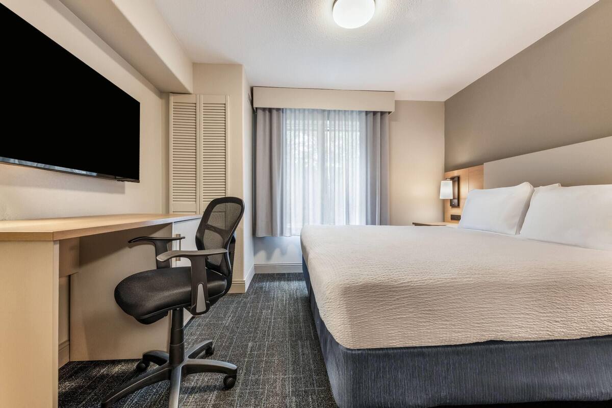 Suíte executiva, 1 cama King, para não fumantes | Roupas de cama premium, espaço de trabalho para notebook