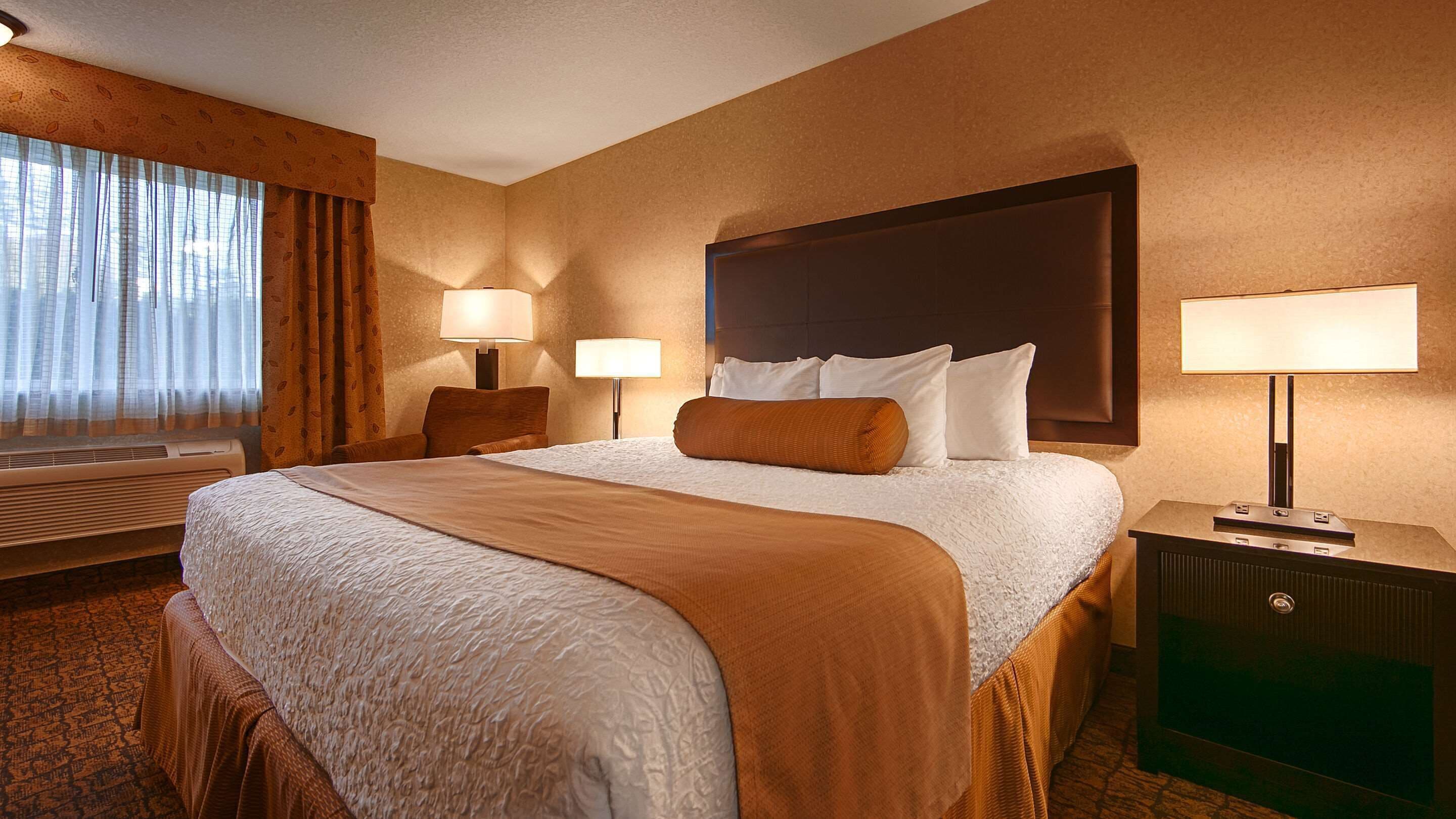 Quarto de hotel com uma cama grande, duas luminárias de cabeceira, uma cabeceira, um criado-mudo e um armário verde.
