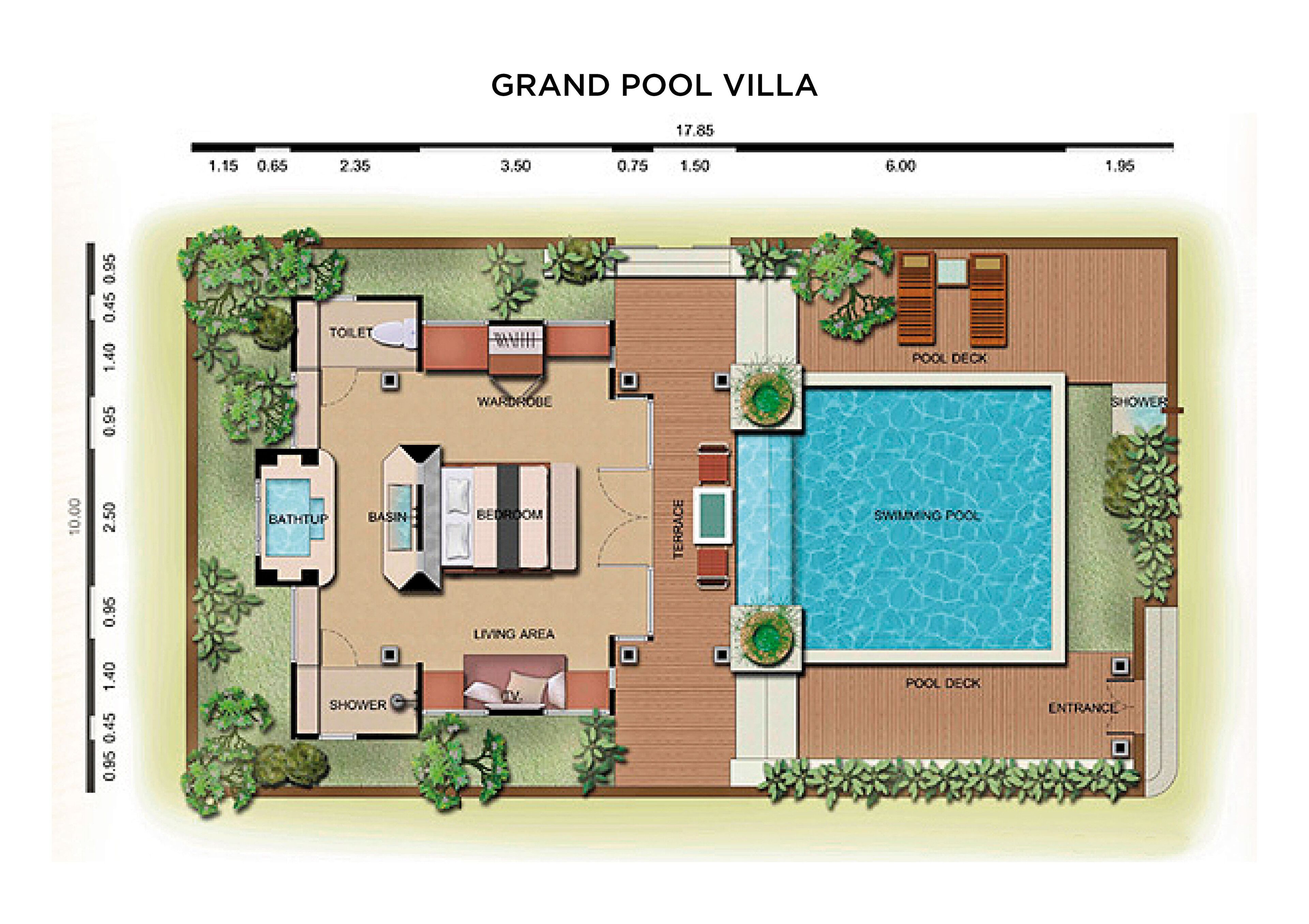 Planta baixa de uma moradia com piscina, banheiro, sala de estar, quarto, terraço e deck da piscina.
