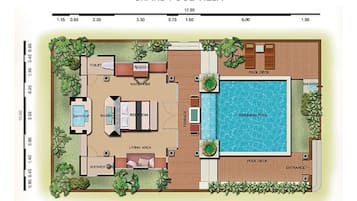 Planta baixa de uma moradia com piscina, banheiro, sala de estar, quarto, terraço e deck da piscina.