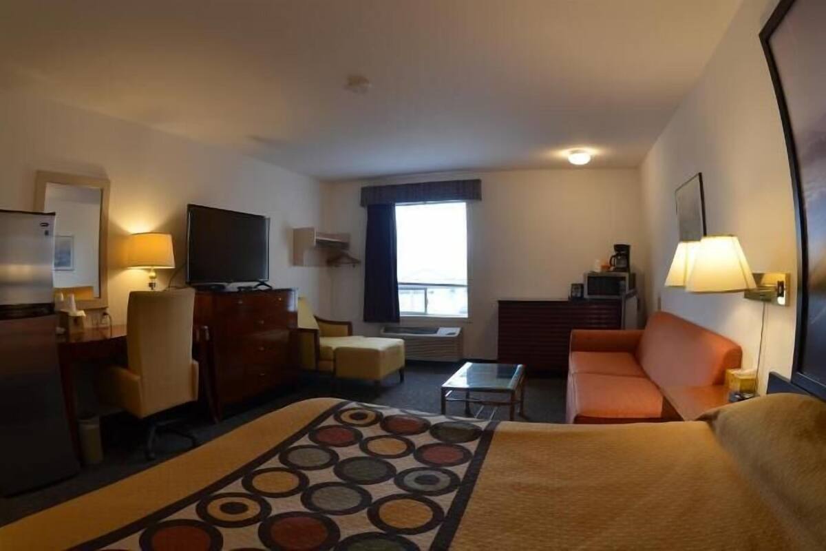Quarto de hotel com cama, sofá, escrivaninha, televisão, frigorífico e janela.
