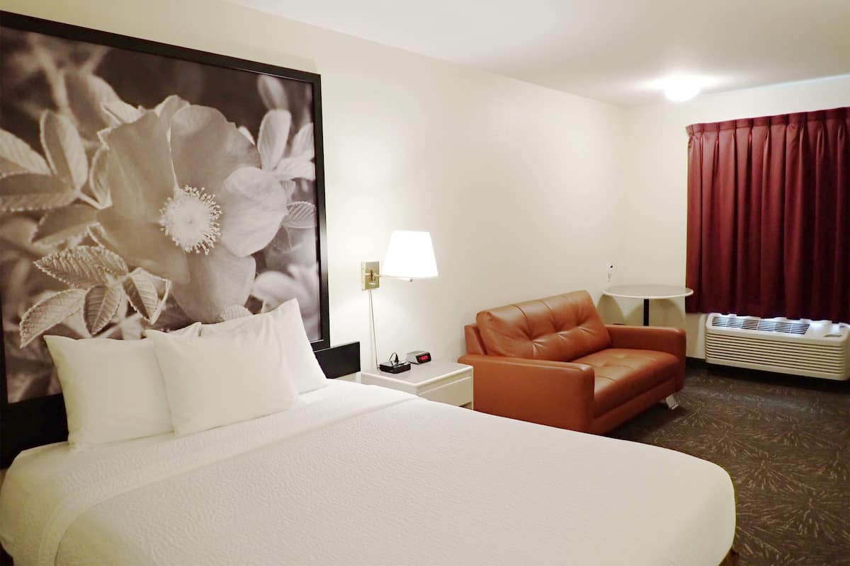 Quarto de hotel com uma cama grande, uma poltrona de couro marrom, uma mesinha, um abajur e uma grande obra de arte floral na parede.