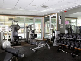 Uma academia com equipamentos de exercícios, um banco de musculação e uma estante com halteres.