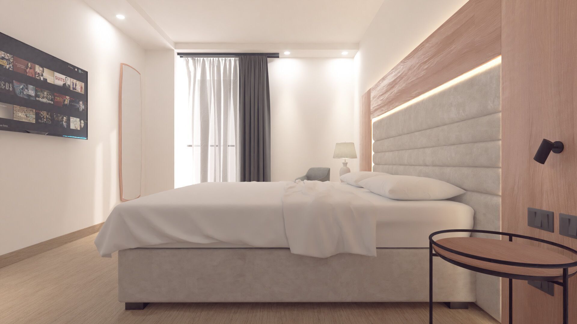 Minibar, cofre com capacidade para portátil, secretária 