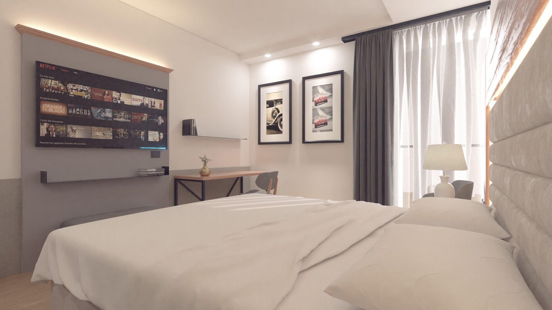 Minibar, cofre com capacidade para portátil, secretária 