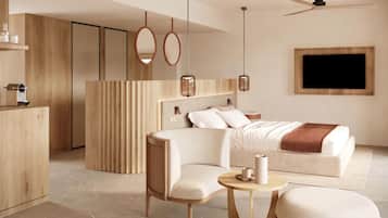 Quarto moderno com cama, mesas de cabeceira, uma cadeira, escrivaninha e ventoinha no teto.