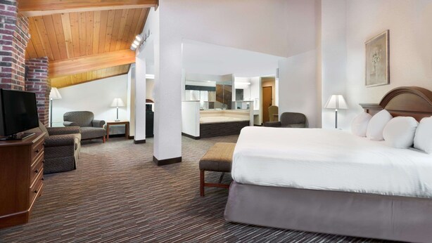 Quarto de hotel com cama grande, televisão, lareira e vista da cidade.