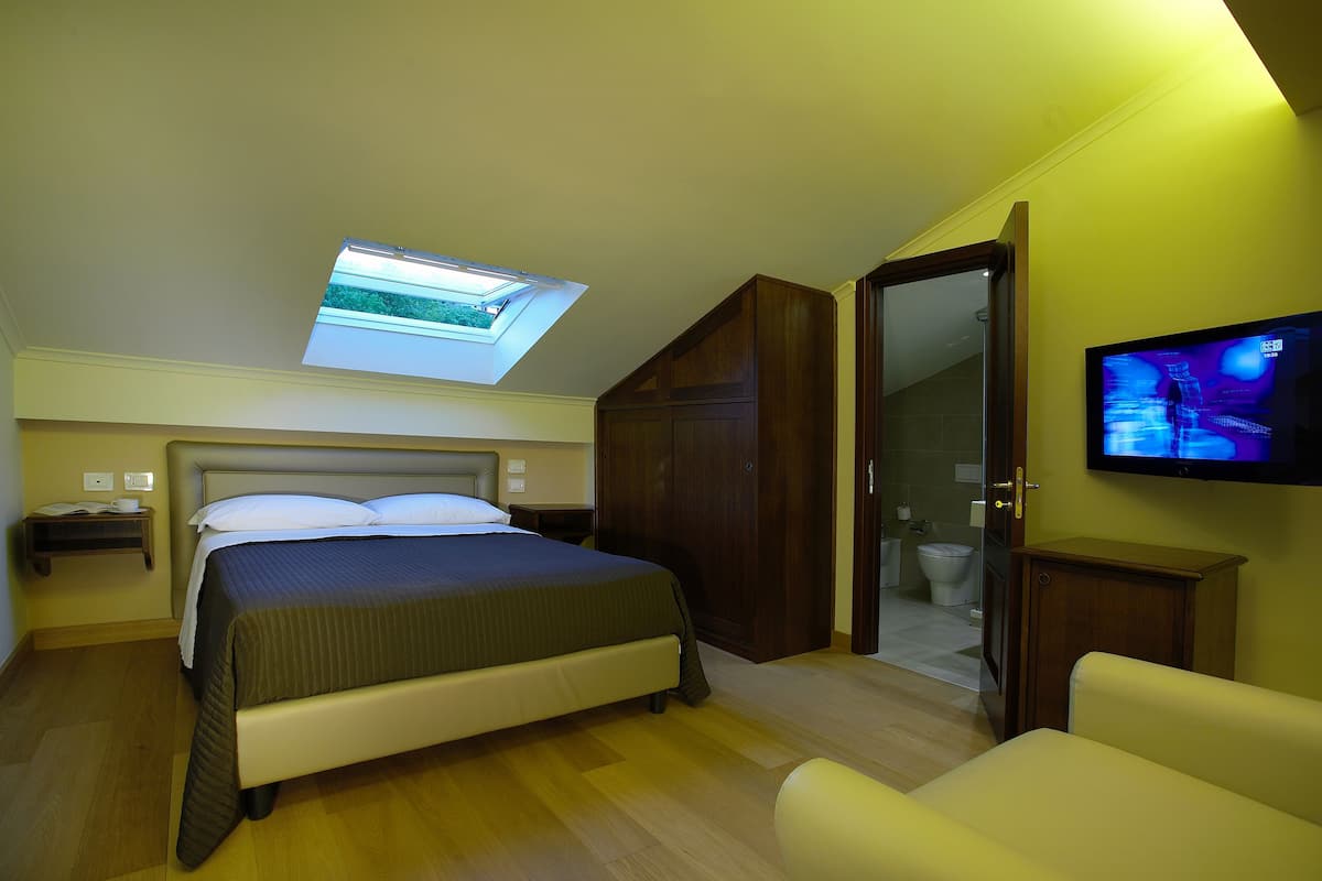 Quarto com claraboia, cama, televisão e guarda-roupa.