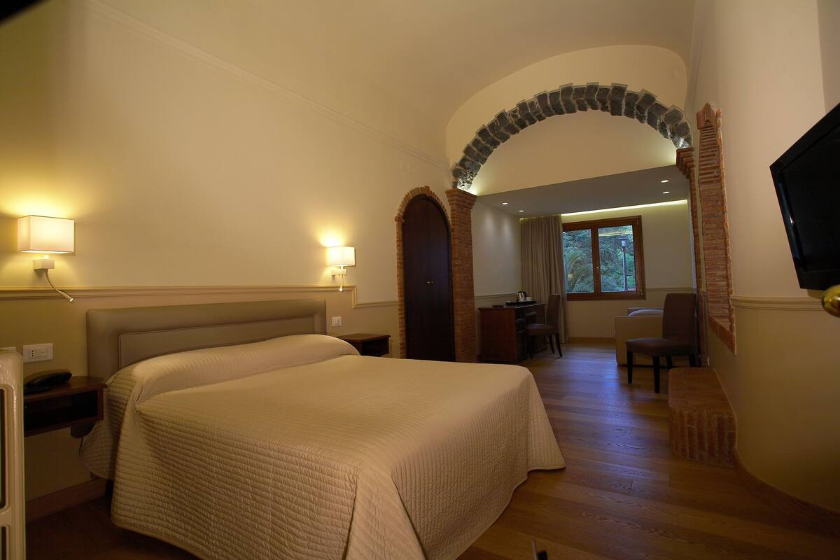 Quarto de hotel com uma cama grande, uma escrivaninha e uma televisão.