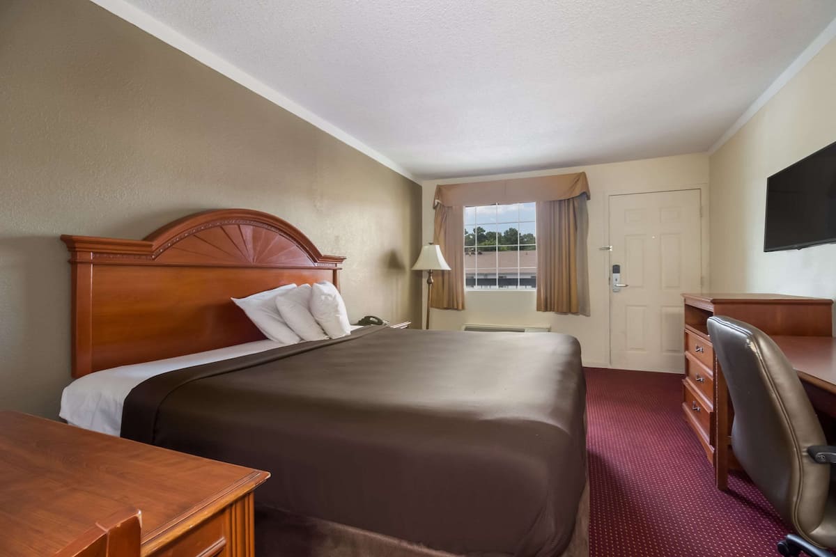 Quarto de hotel com uma cama grande, uma escrivaninha, uma cadeira, televisão, janela com cortinas e porta.
