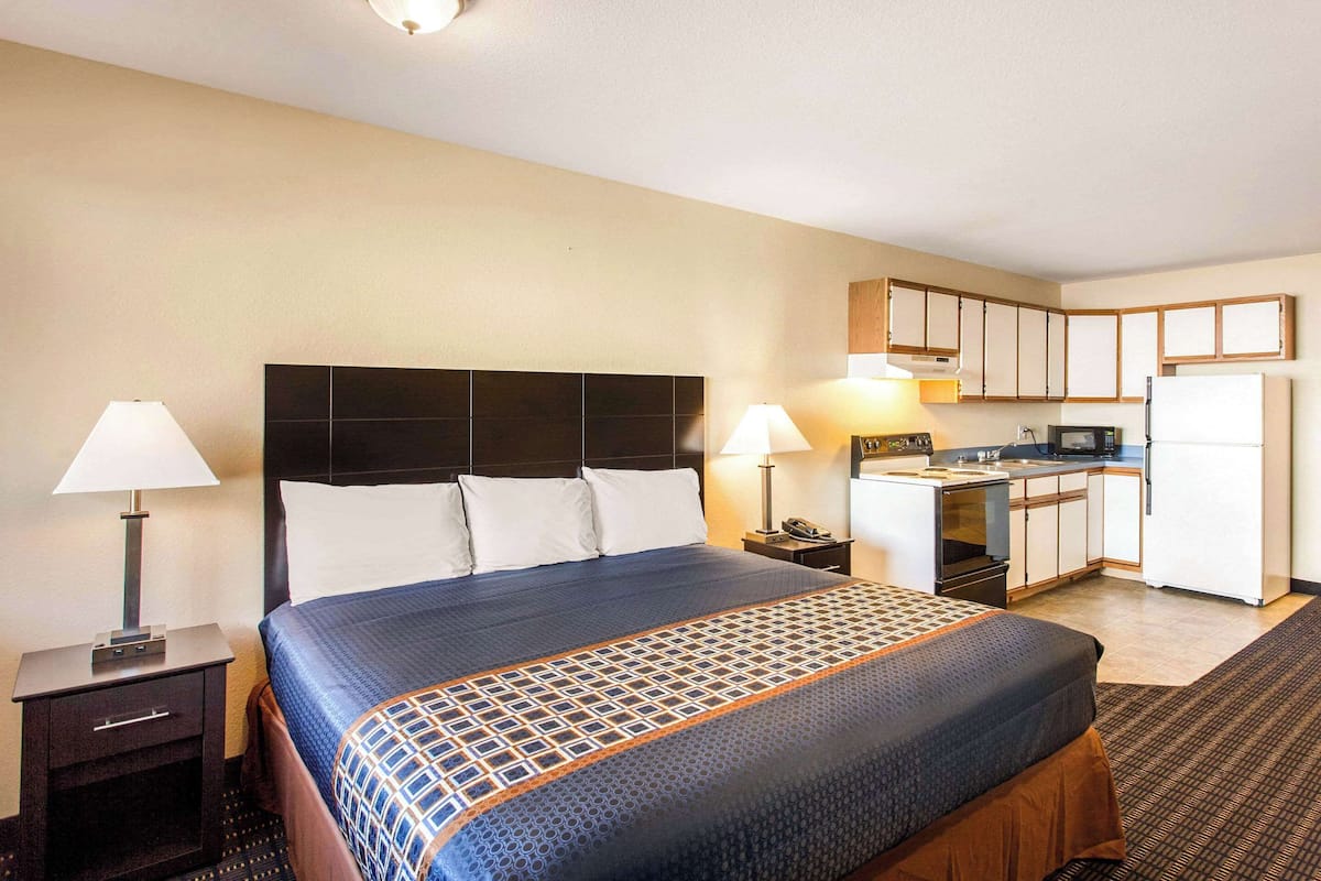 Quarto de hotel com cama grande, escrivaninha, cadeira, abajur, micro-ondas e frigorífico.