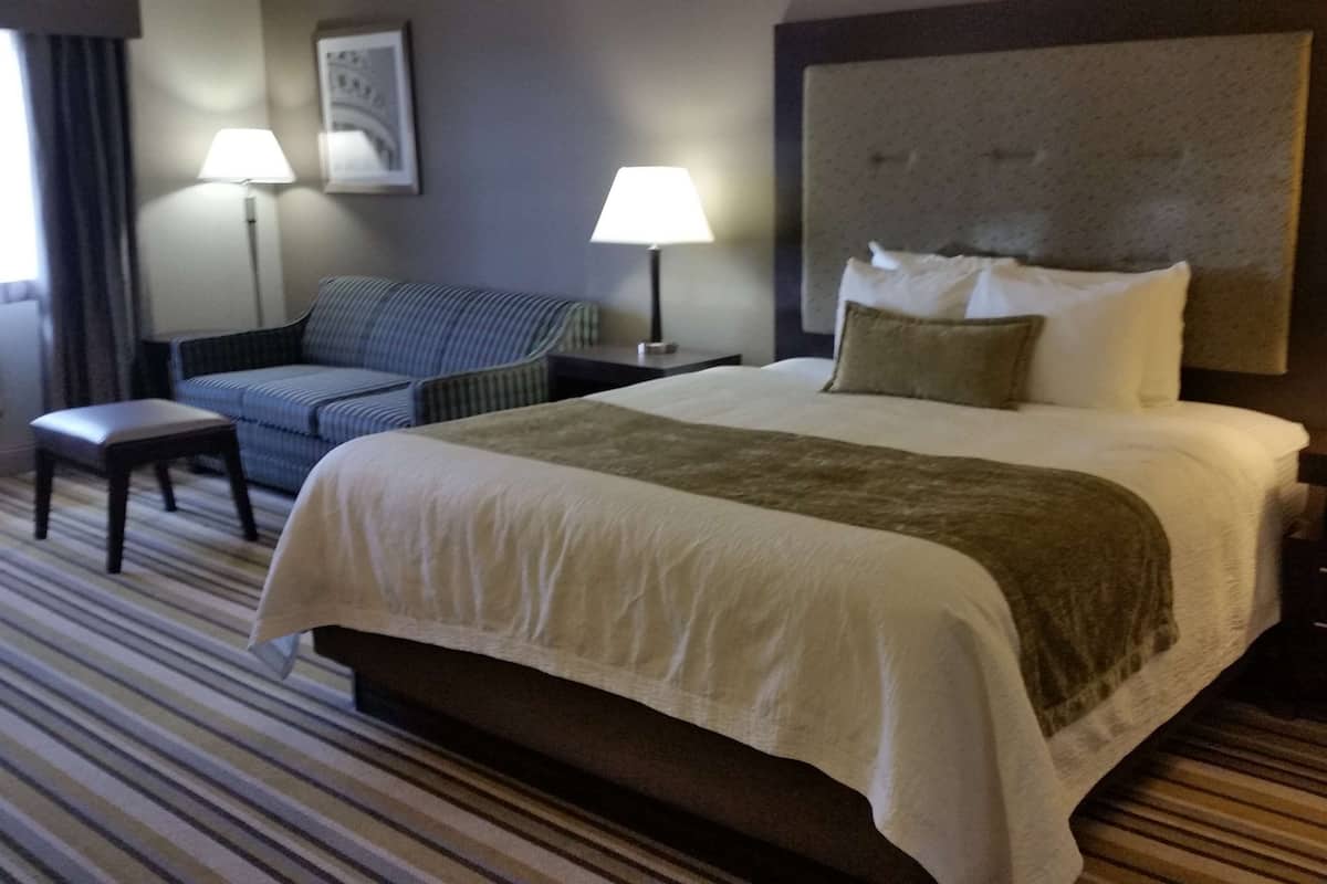 Quarto de hotel com uma cama grande, um sofá, duas luminárias e piso coberto por carpete.
