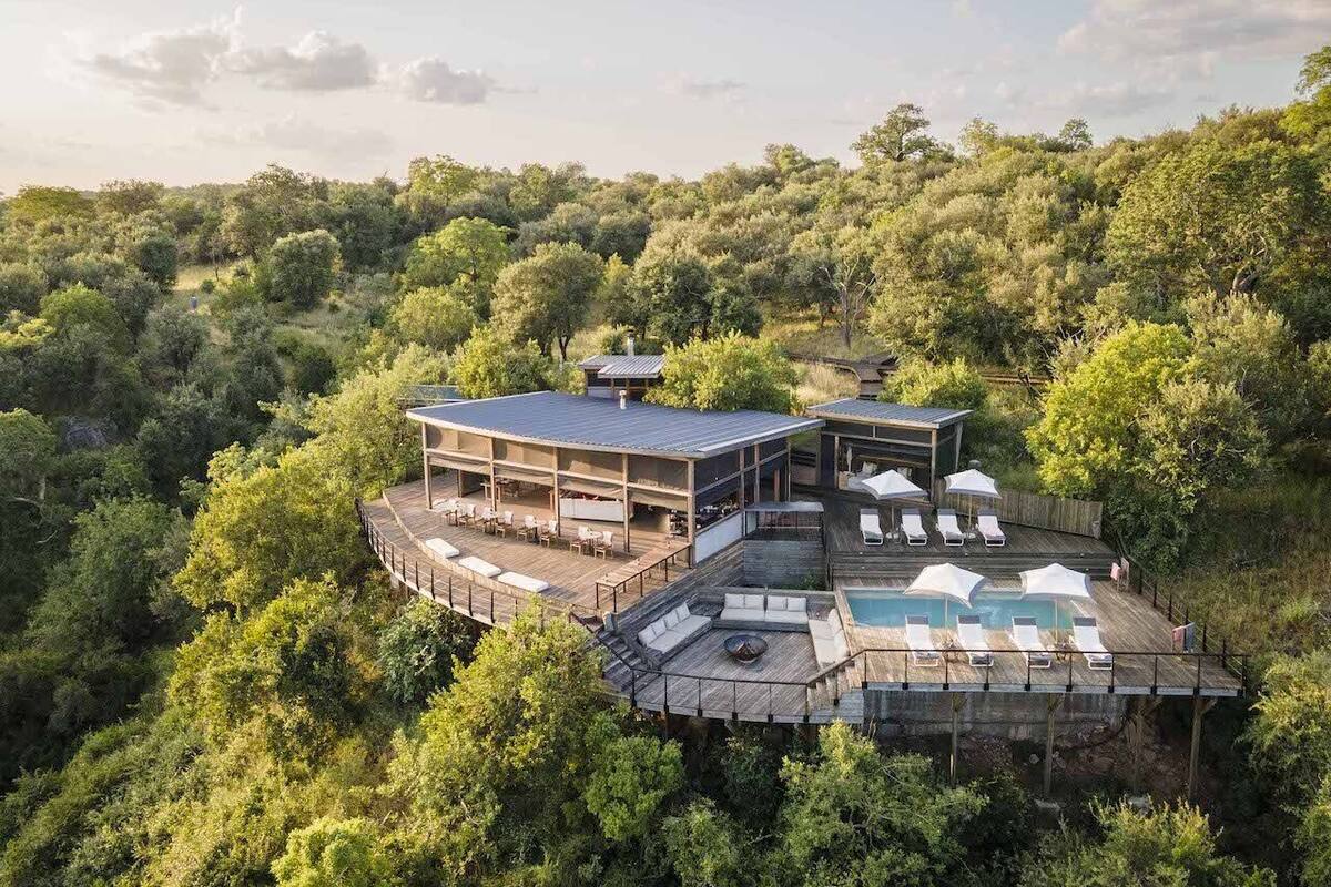 Uma villa moderna com piscina, rodeada por uma floresta densa.