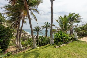 Paisagem costeira com palmeiras, área gramada e vista para o oceano.