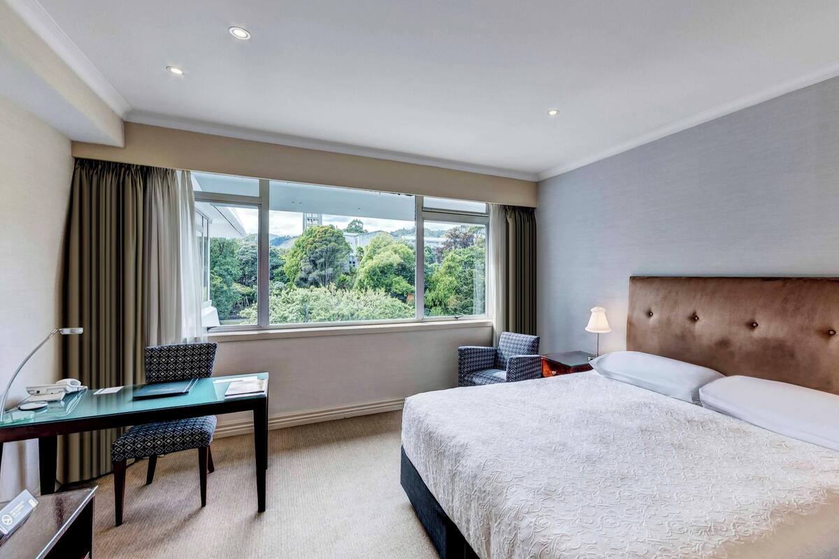 Quarto de hotel com cama, escrivaninha, cadeira, televisão e janela com vista para o verde.
