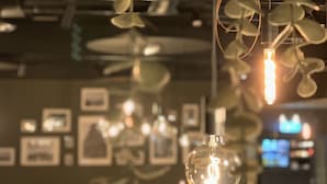 Um interior moderno com plantas pendentes e luminárias suspensas.