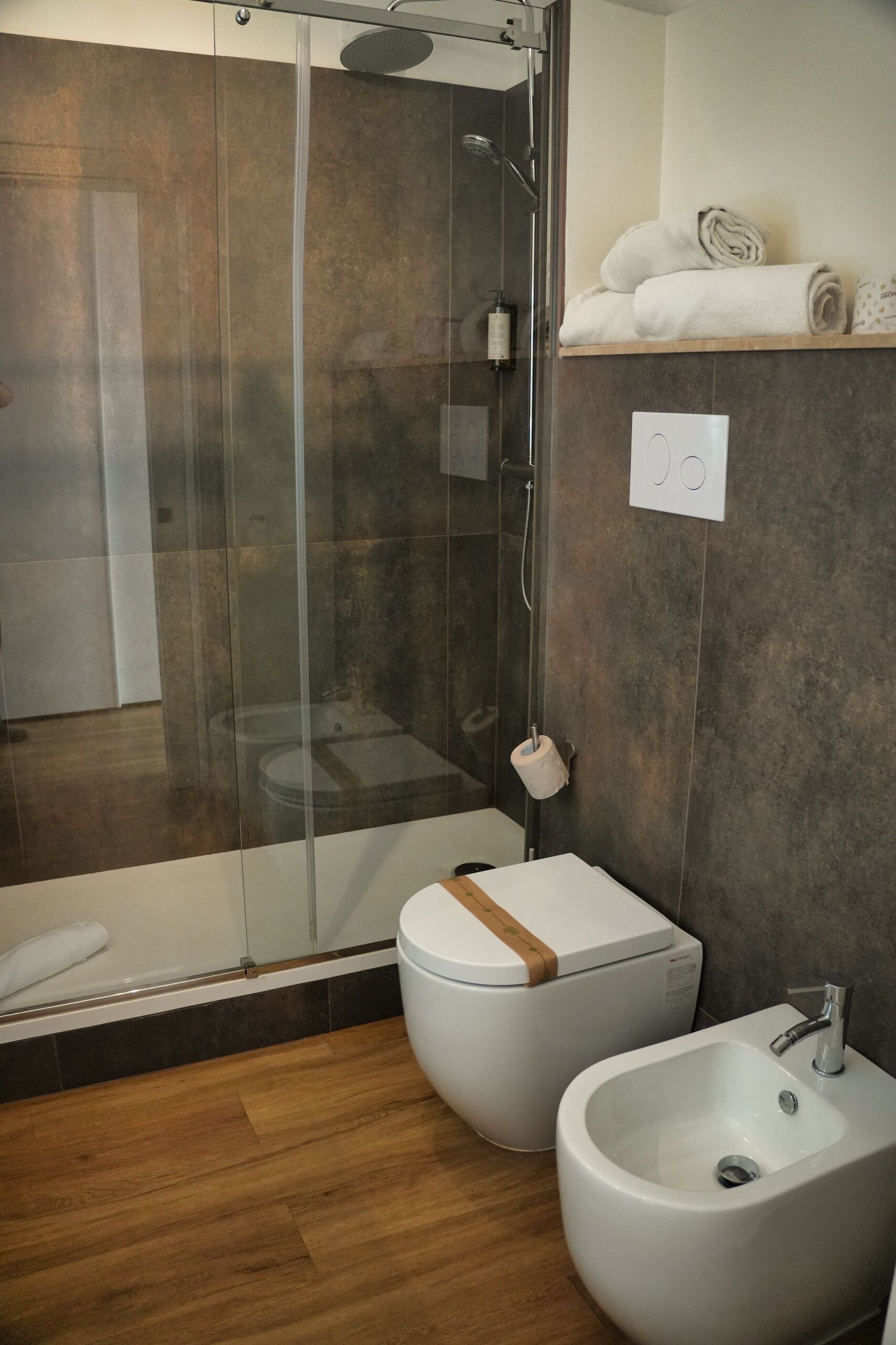 Uma casa de banho moderna com chuveiro envidraçado, sanita e bidé.