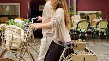 Uma bicicleta antiga com cesto e uma pequena caixa com a etiqueta "1 HOTEL" presa na parte de trás.