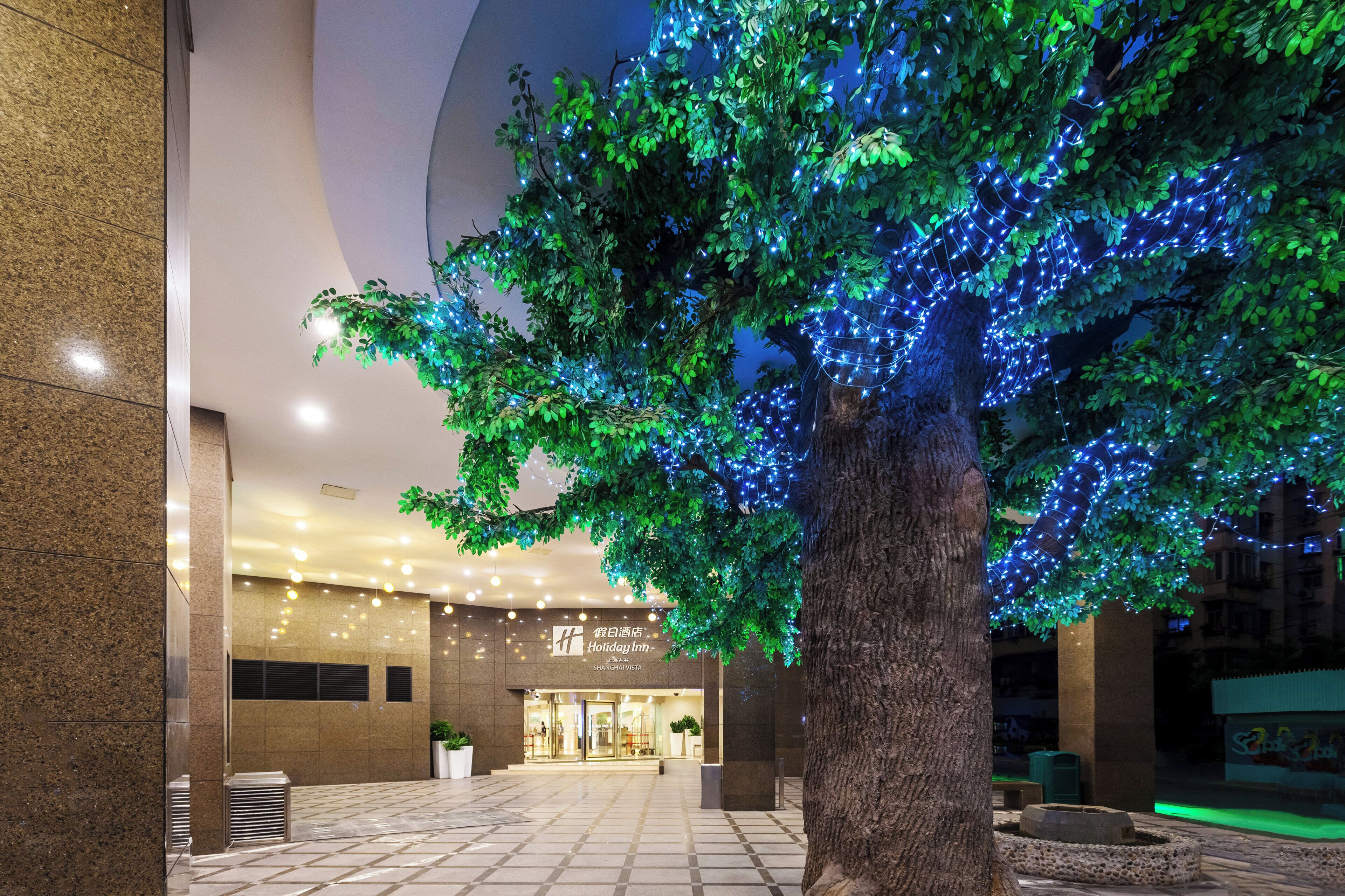 Uma árvore com luzes azuis, entrada de um prédio e piso de azulejos.