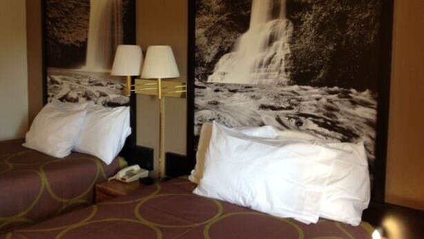 Quarto de hotel com duas camas, uma mesa de cabeceira, um abajur e duas pinturas emolduradas de cachoeira na parede.