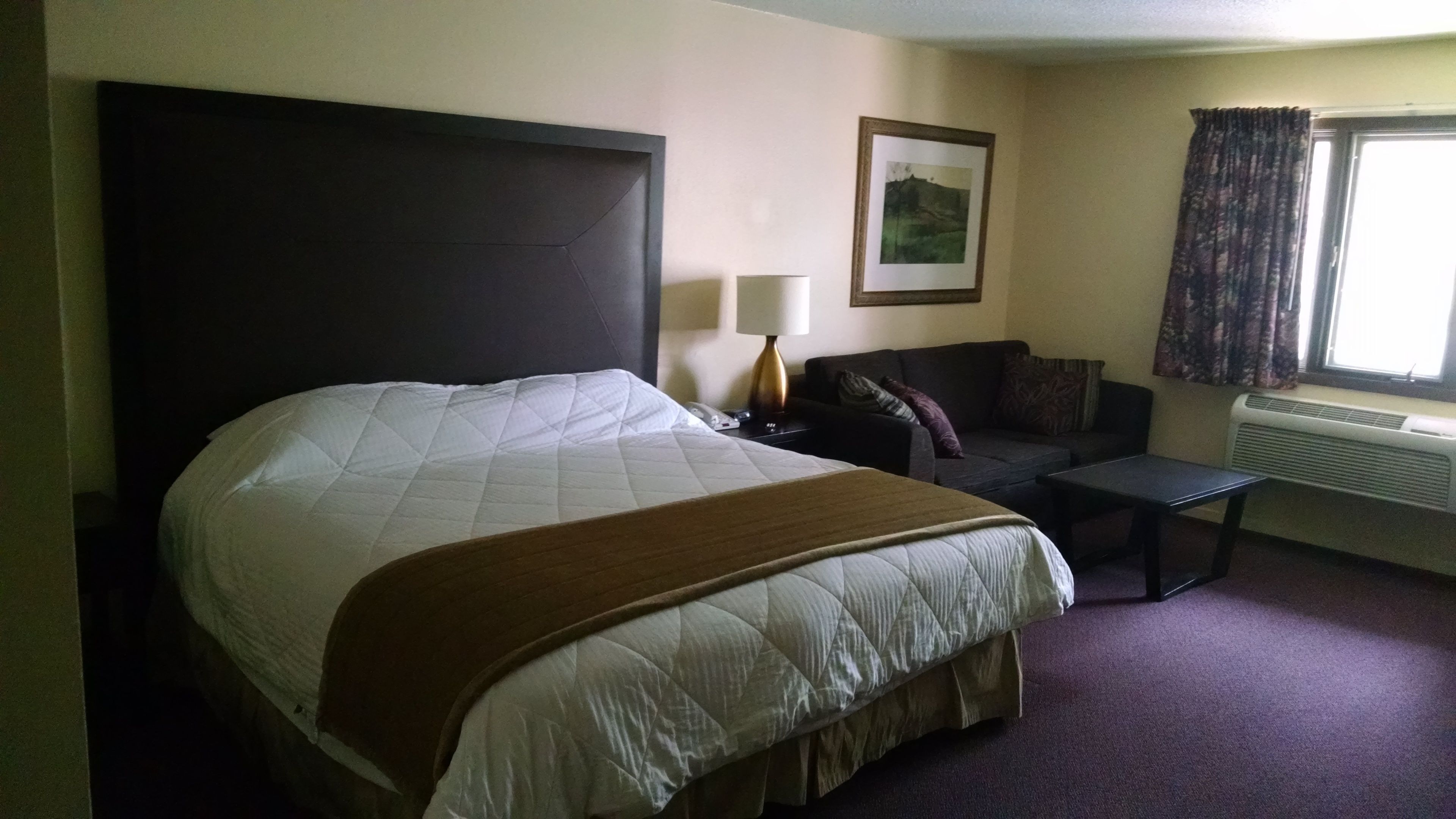 Quarto de hotel com uma cama grande, um sofá pequeno, uma mesa de cabeceira com abajur e uma janela com cortinas.