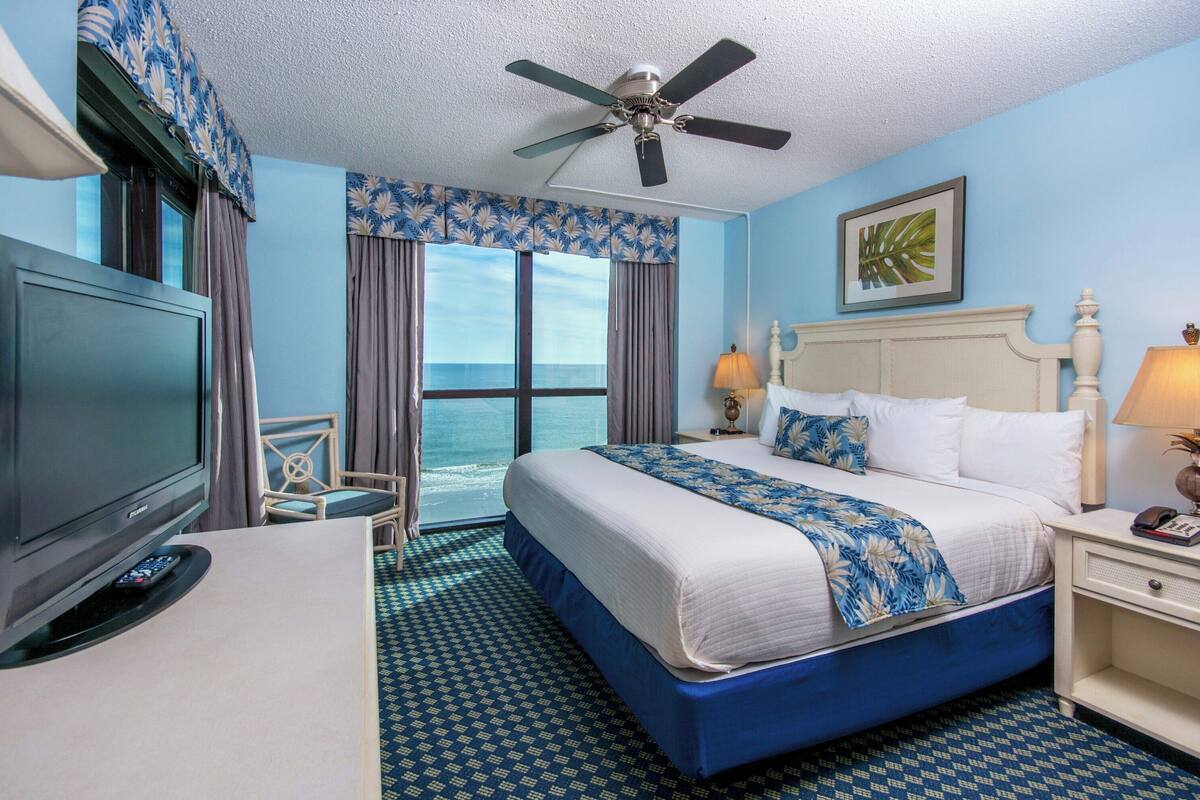 Quarto de hotel com cama, televisão, ventoinha no teto, janela com cortinas, mesa de cabeceira com abajur e quadro na parede.