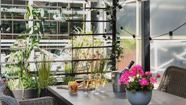 Uma sala de jantar com uma mesa posta para refeição, cercada por plantas em vasos e vista para o verde através de uma janela.