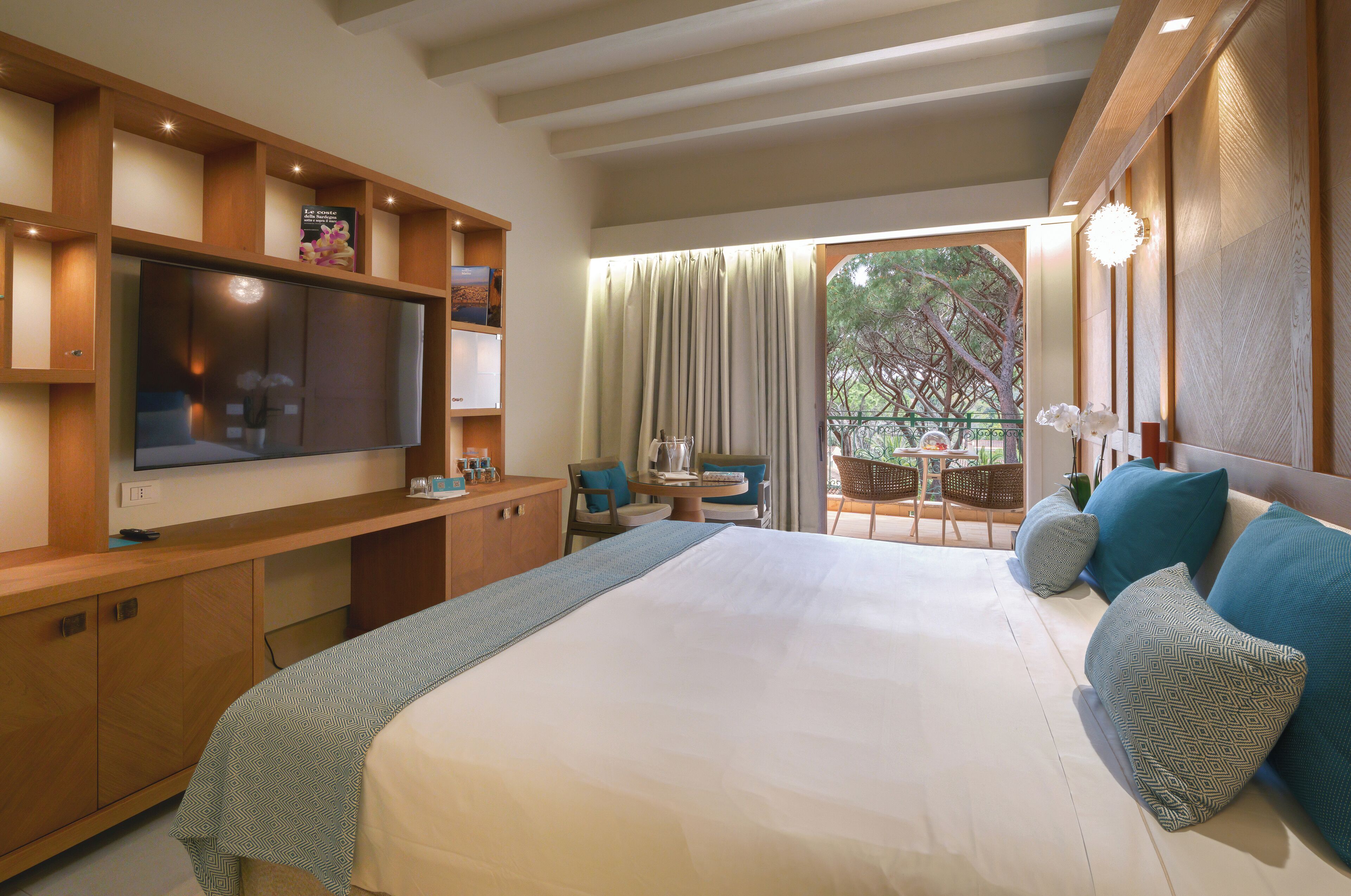 Quarto de hotel com uma cama grande, televisão, escrivaninha e varanda com vista para árvores.