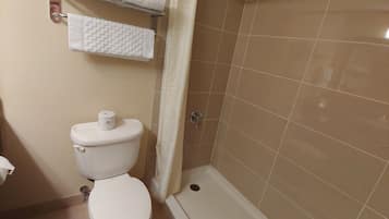 Uma casa de banho com sanita, chuveiro com porta de vidro e toalheiro com duas toalhas.