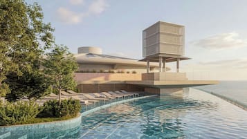 Um hotel moderno com piscina infinita, espreguiçadeiras e um design arquitetônico singular.