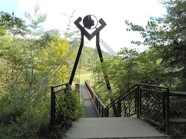 Uma ponte suspensa com guarda-corpo de metal e uma passarela que leva a uma área arborizada.