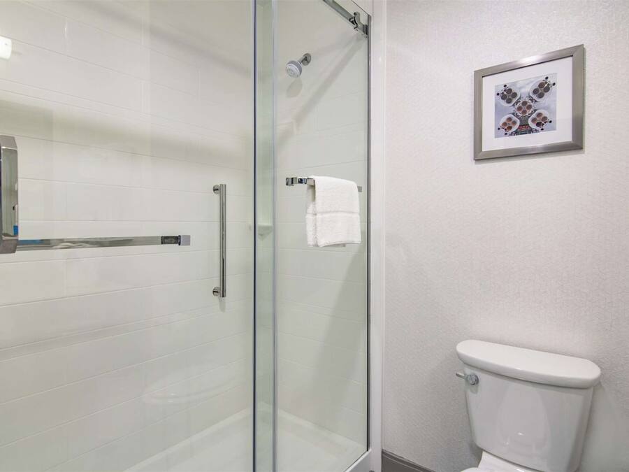Um banheiro com chuveiro em cabine de vidro, vaso sanitário e quadro na parede.