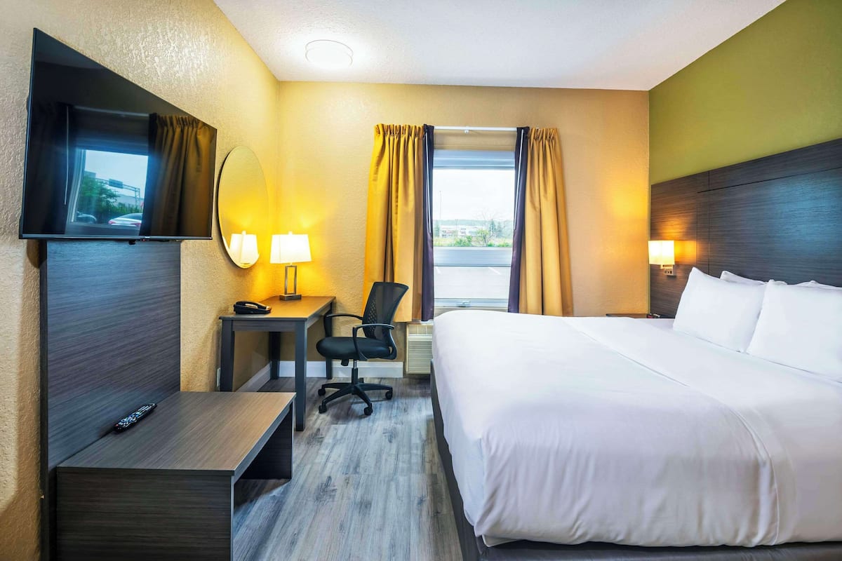 Quarto de hotel com cama, escrivaninha, cadeira, televisão e duas luminárias.